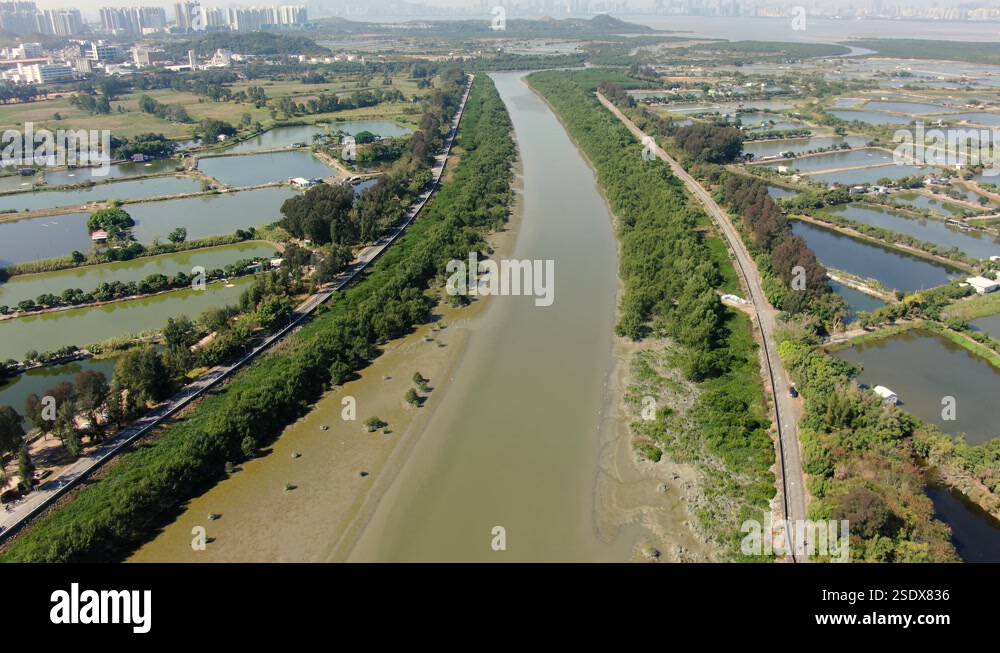 Mai Po Nature Reserve and wetlands, Hong Kong, Aerial view Stock Video ...