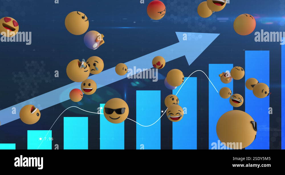 Animation of emoji icons floating over line with financial data ...