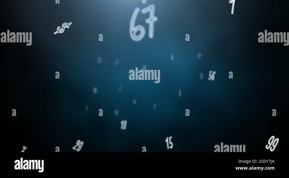 Digital animation of multiple numbers and symbols floating against blue ...
