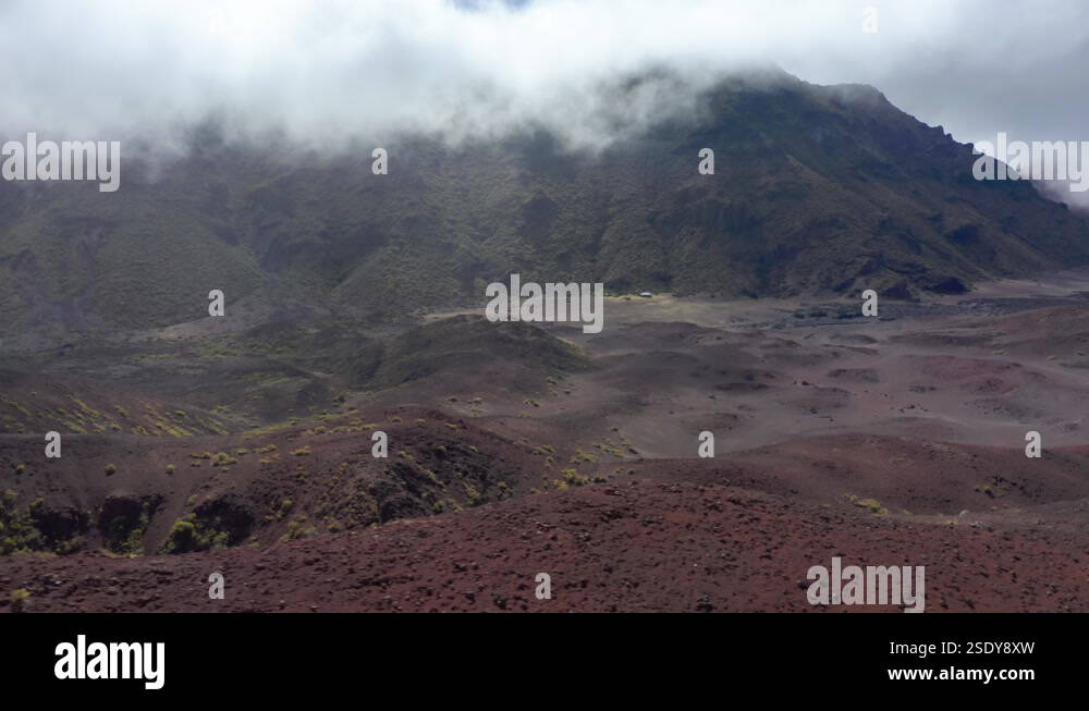 Drone flying over volcano crater at Haleakala National Park nature ...