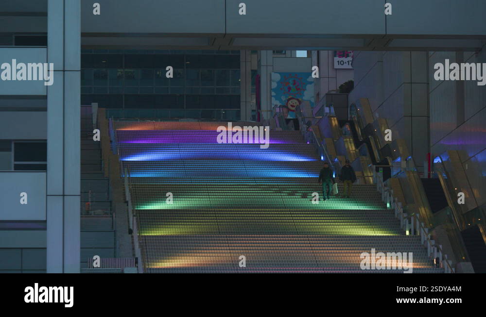 FUJI TV building in Odaiba, Tokyo, Japan, People wlaking down stairs ...