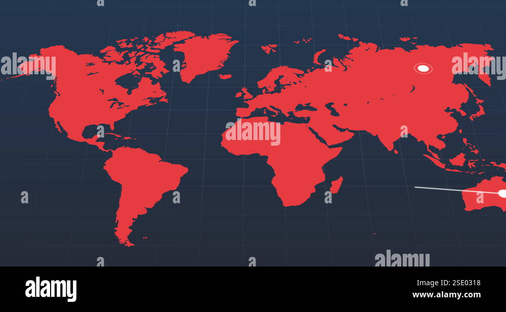 Red world map with moving white network of connected points on dark ...