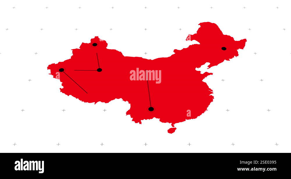 Red map with fast moving black network of connected points on white ...