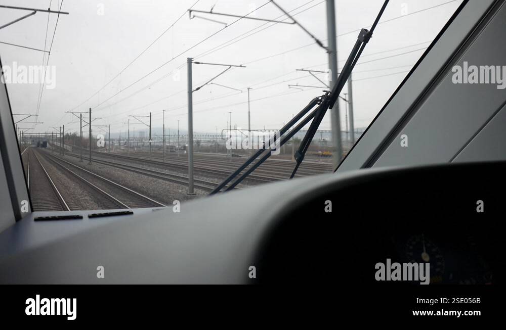 Inside perspective of train cockpit. Public transportation, railway ...