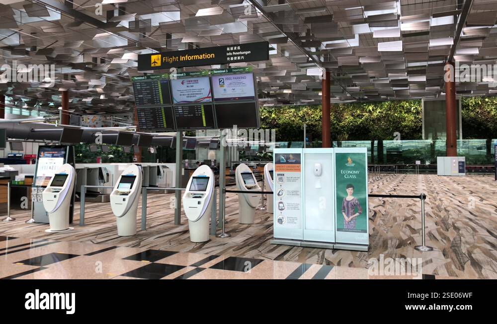 Singapore: Empty T3 departure hall with check-in counters at Changi ...