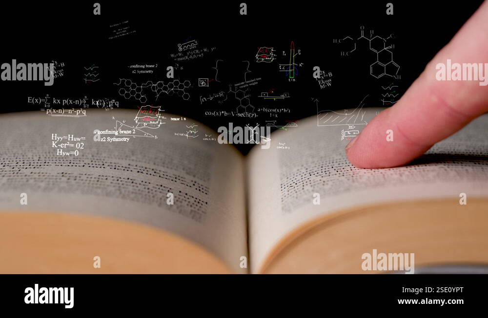 Finger points to certain line in an opened book. Digital formulas Stock ...