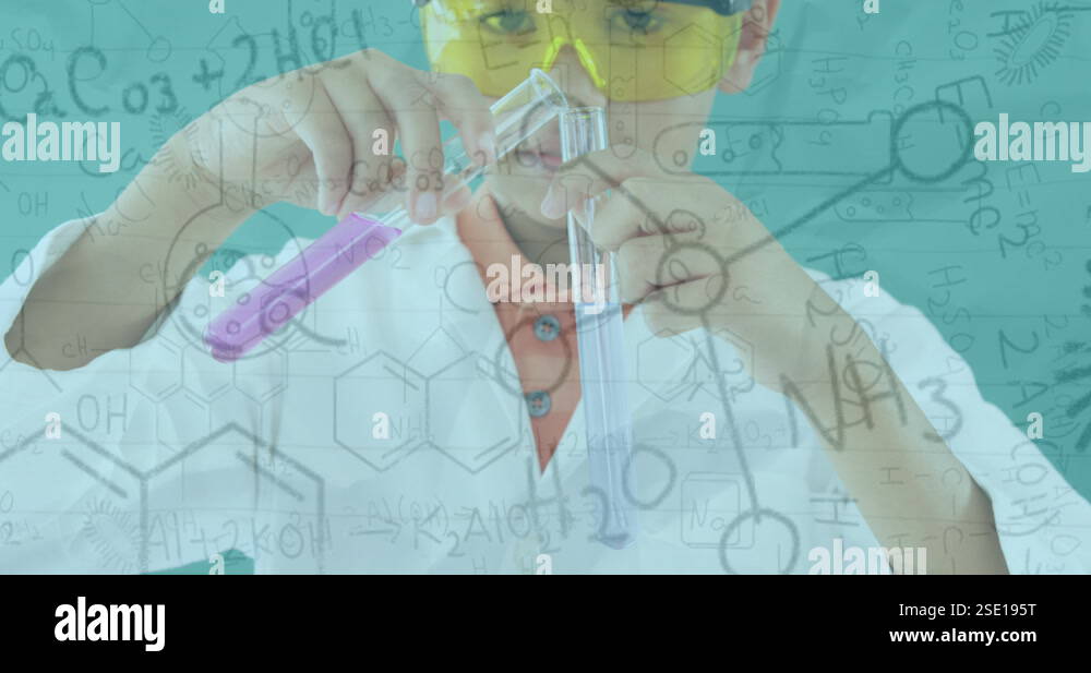 Animation of chemistry data and drawings over boy using test tubes in ...