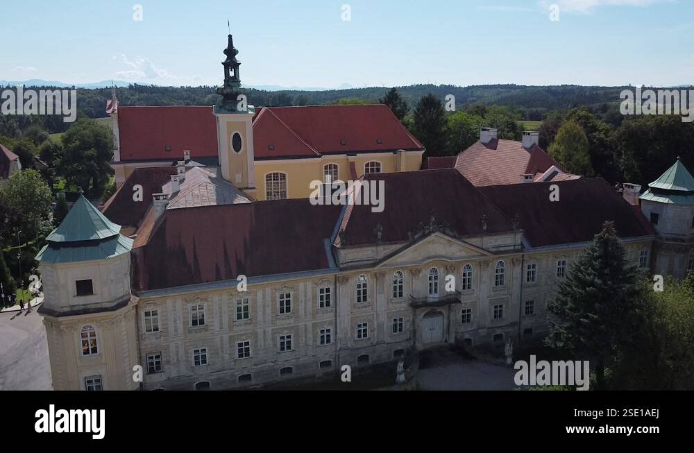 Drone is flying over by a Church tower from above. Old Austrian Church ...