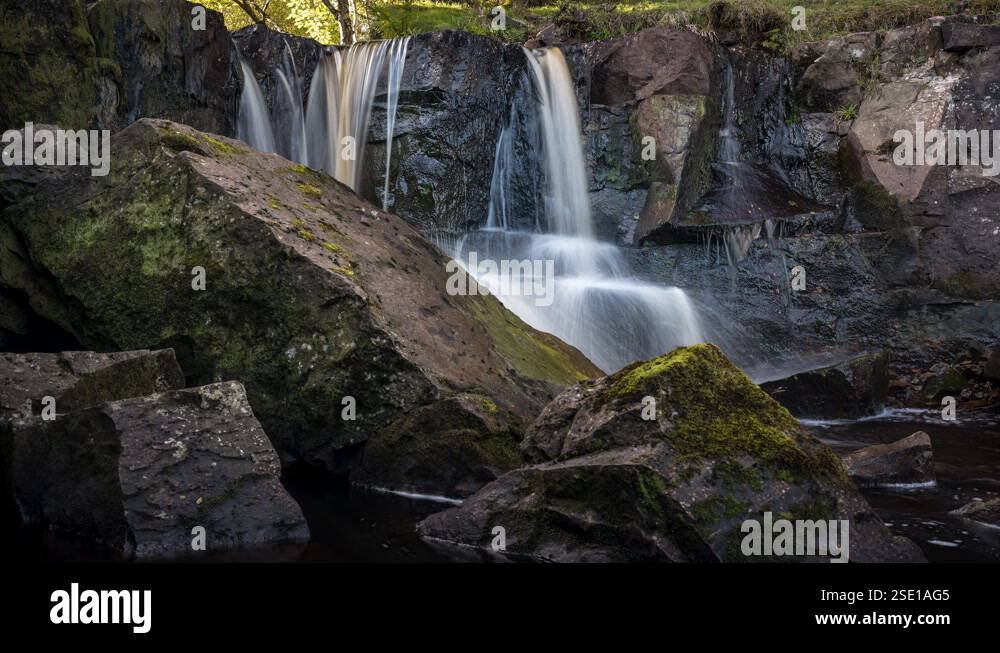 Time lapse of local waterfall in rural forest landscape of Ireland on a ...
