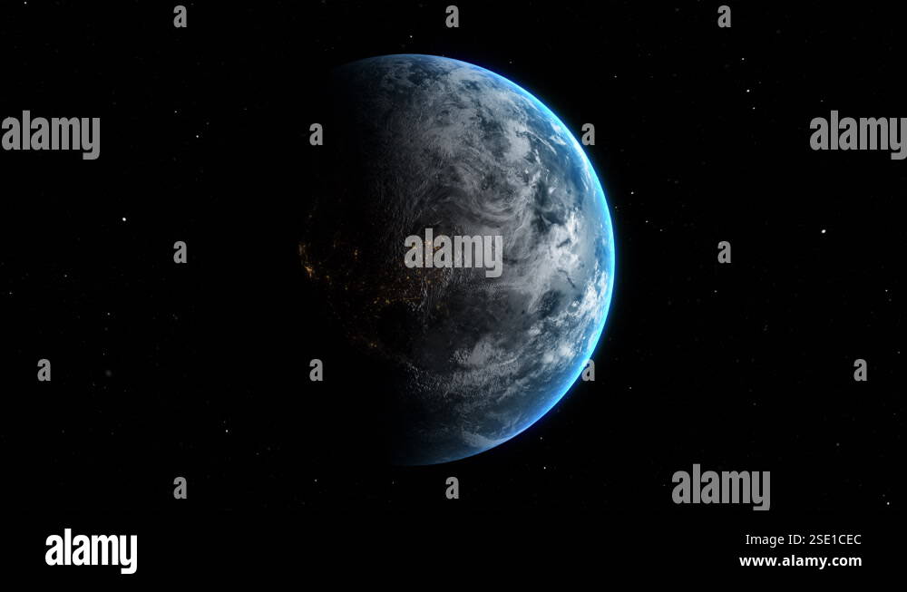 Sunrise and shadow on the earth rotate in space with star in universe ...