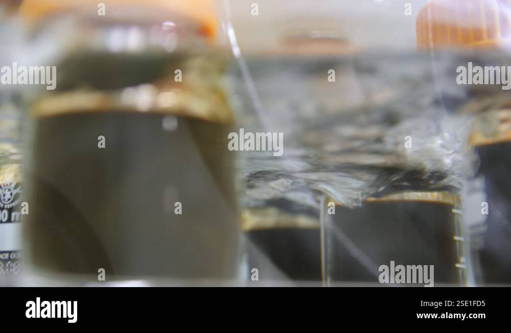 Bottles with brown liquid in container with boiling water Stock Video ...