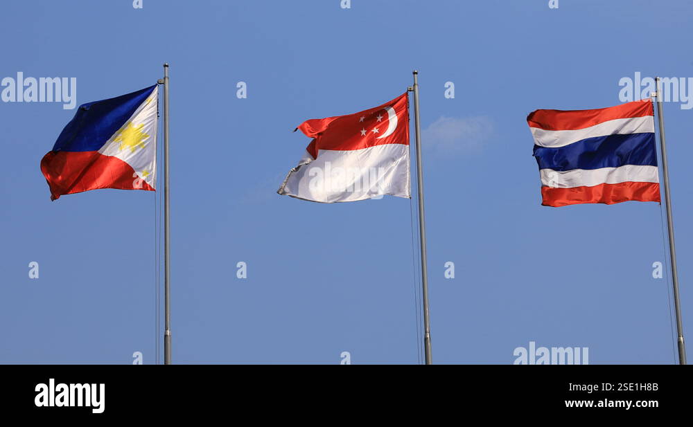 National Flags of ASEAN countries behind the sky in Ho Chi Minh panning ...