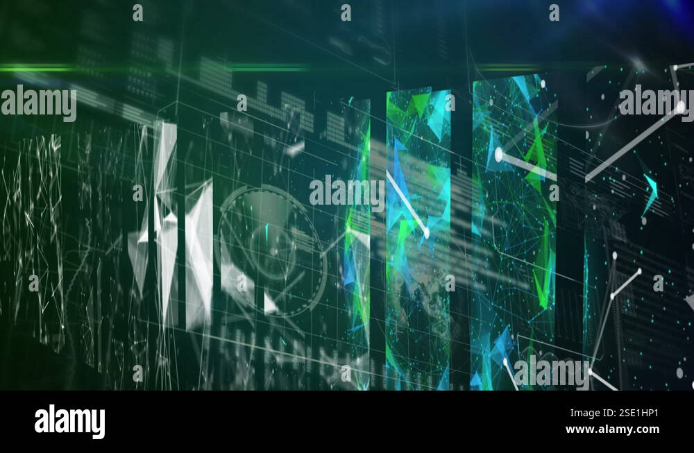 Animation of graphs data and information moving over multiple screens ...