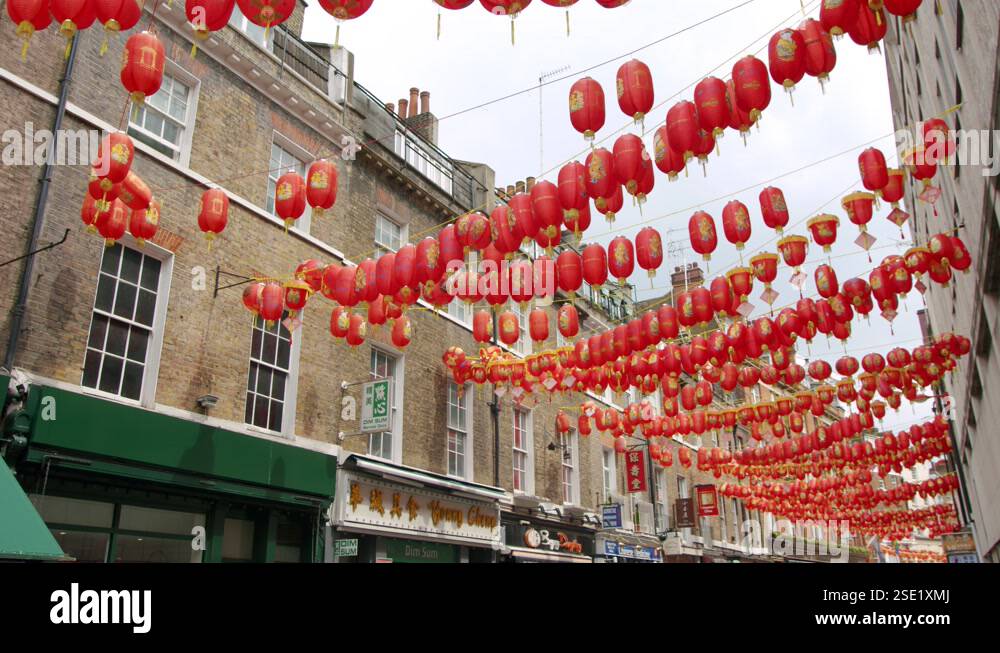 Lockdown in London, China Town Chinese lanterns hanging still in summer ...