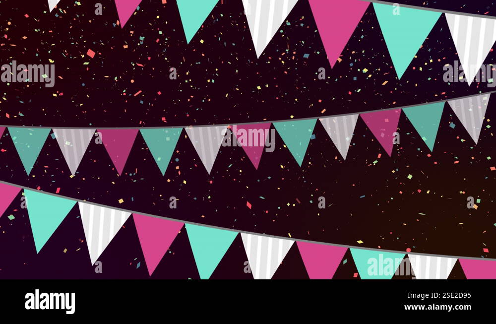 Animation of three lines of colourful bunting flags over colourful ...