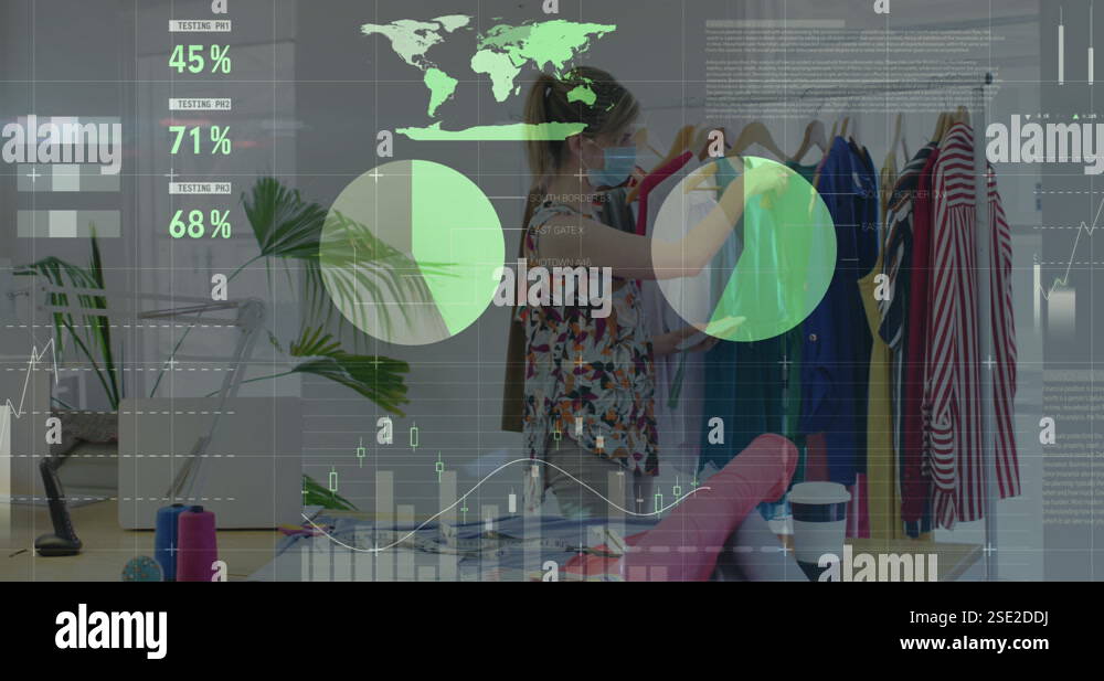 Animation of digital interface showing statistics with woman checking ...