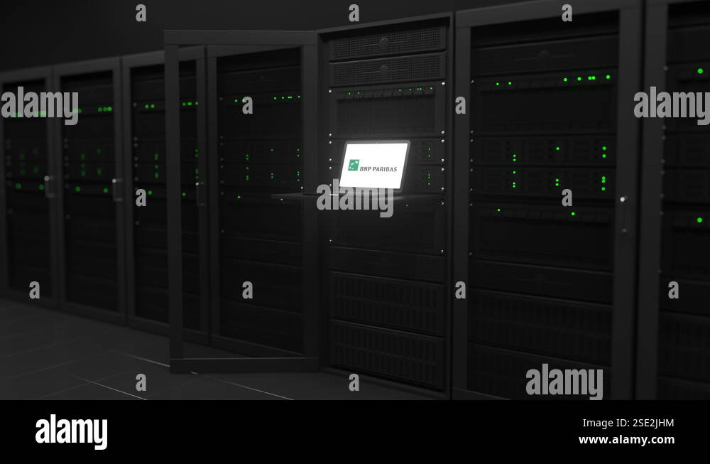 BNP PARIBAS logo on the screen in a modern server room. Conceptual ...