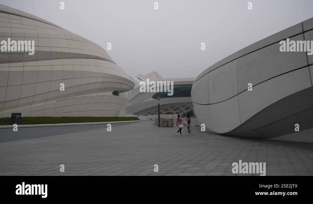 twilight changsha city famous modern art complex exterior slow motion ...