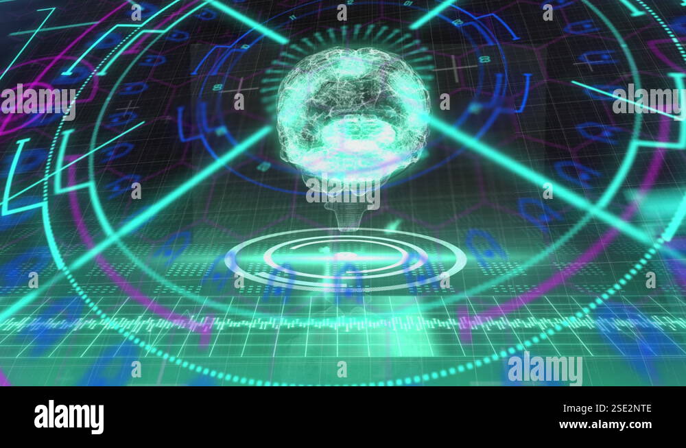 Animation of glowing human brain and scope scanning with data ...