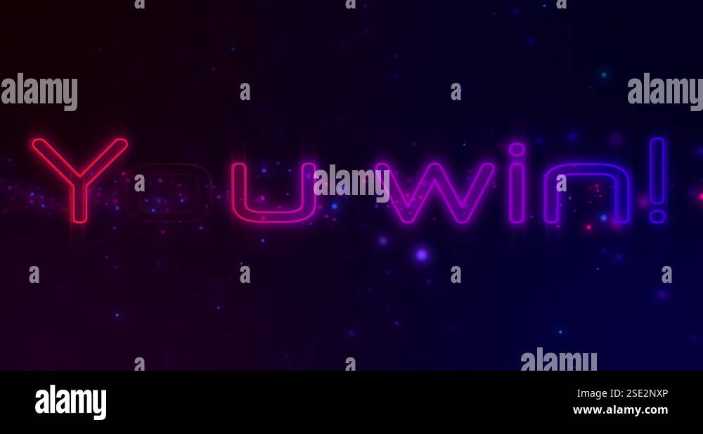 Animation of you win text in flickering neon letters over blue and red ...