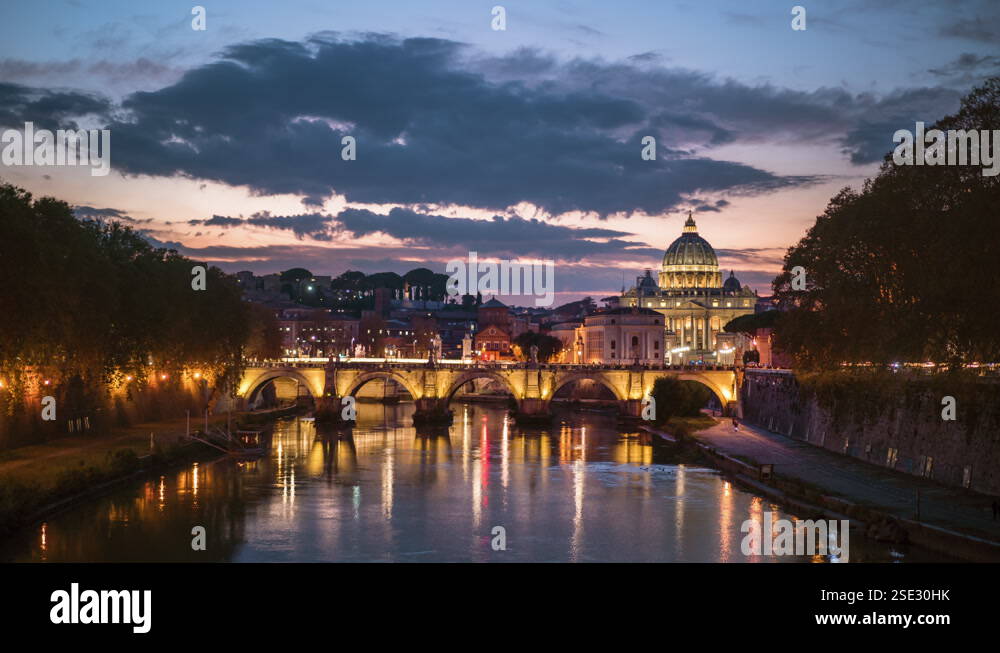 hyper lapse of St. Peter's Basilica, Sant Angelo Bridge, Vatican, Rome ...