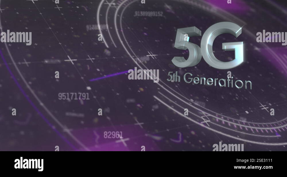 Animation of 5g 5th generation text and numbers changing over black ...
