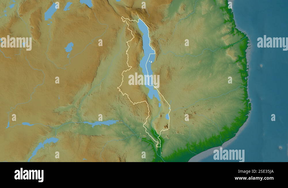 Malawi map - zoom. Border. Physical Stock Video Footage - Alamy