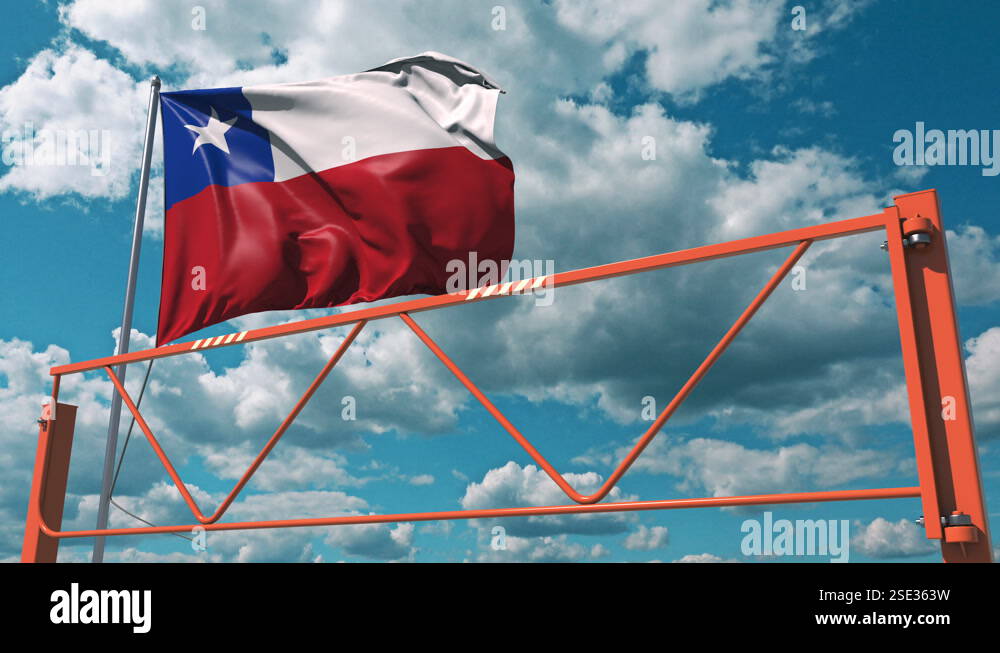 Swing arm road barrier and flag of Chile, entry ban related 3d ...