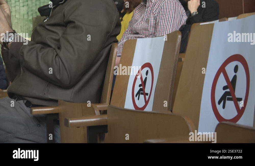 Seats marked for covid19 distance in press conference Stock Video ...