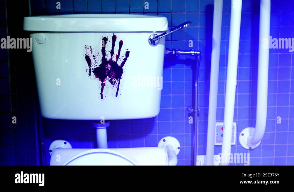 Cinematic Bloody Handprint on a Toilet Police Lights Crime Scene Stock ...