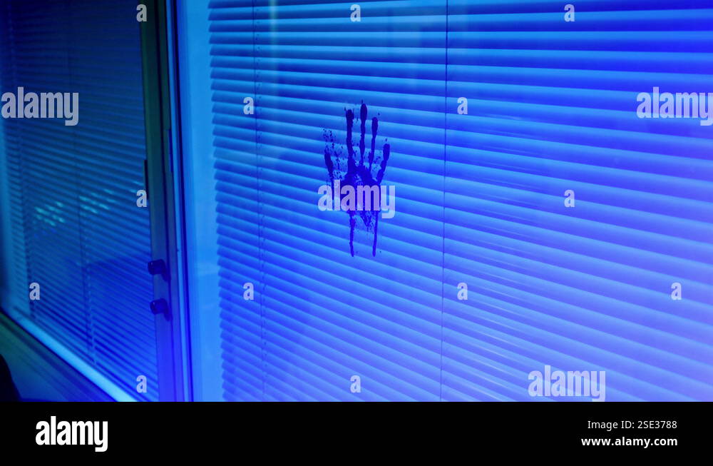 Epic Cinematic Bloody Handprint on a Window Police Lights Crime Scene ...