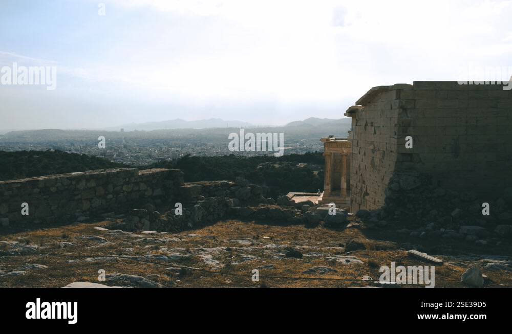 Pan shot of old historic Parthenon Acropolis Monument on Hill during ...