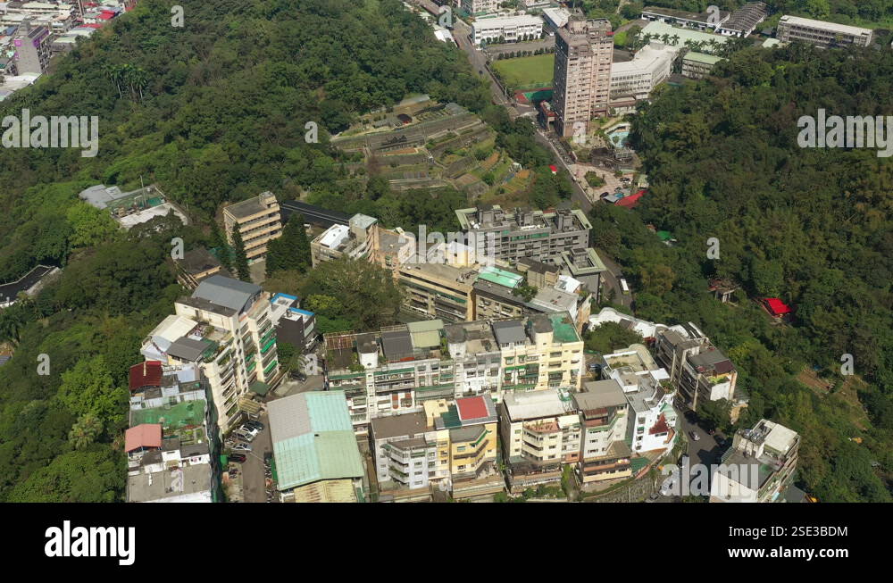sunny taipei city park living block traffic streets aerial panorama 4k ...