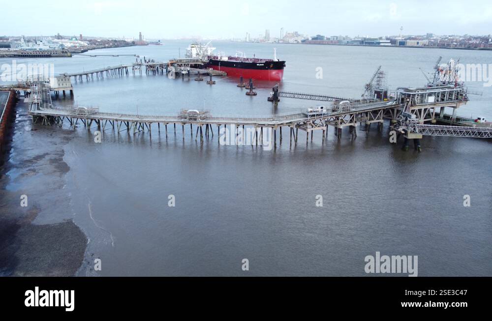 BELMAR crude oil tanker boat loading fuel cargo at UK refinery terminal ...