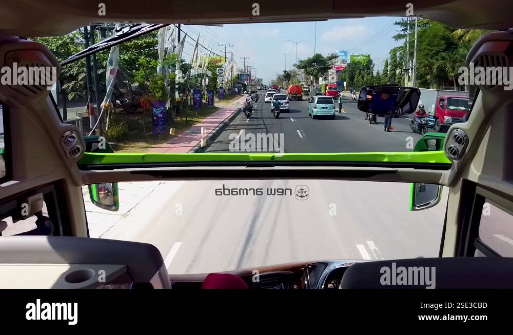 Ride inside double glass bus, modern tourist coach on city street of ...