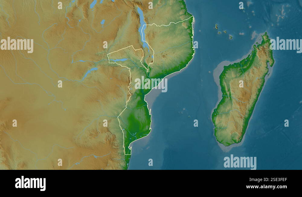 Mozambique map - zoom. Regions. Physical Stock Video Footage - Alamy