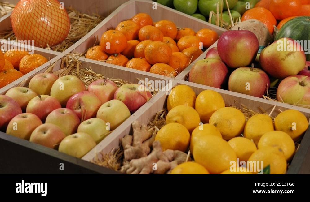 Close-up of fresh fruit in boxes at the grocery store Stock Video ...