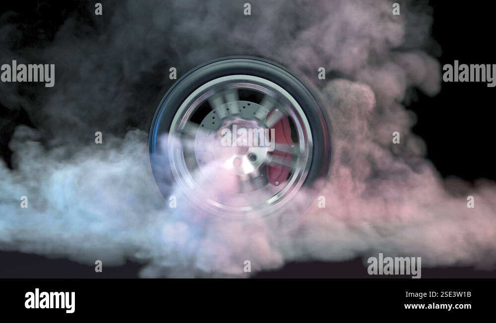 Car wheel in Burnout with smoke at dark background with Alpha Matte ...
