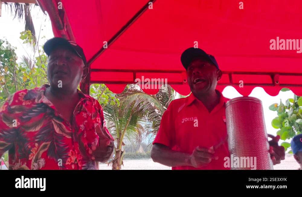 A man is singing along with his band who are playing the Guacharaca ...