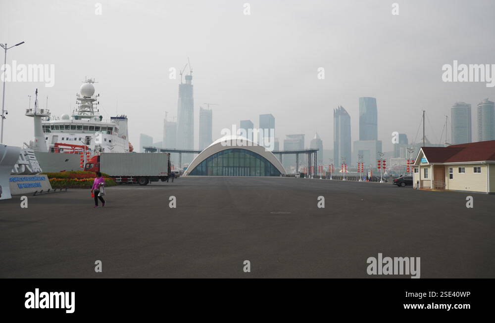 day time qingdao city dock square downtown bay panorama 4k china Stock ...