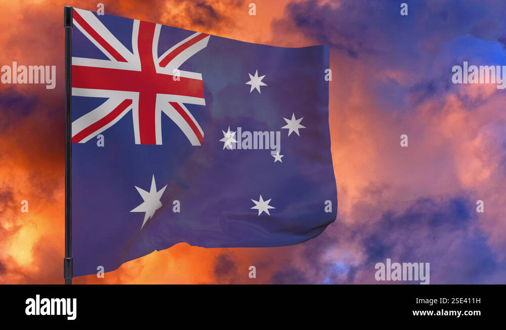Australia flag on pole with sky background seamless loop 3d animation ...