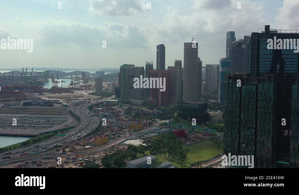 day time singapore city famous industrial traffic port bay aerial ...