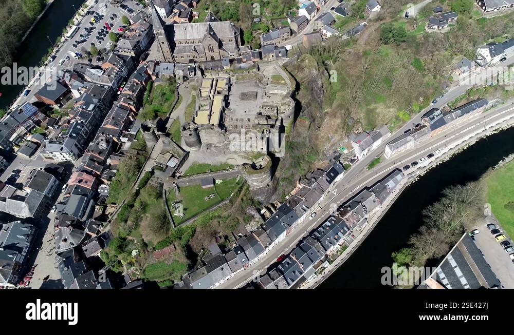 Aerial view of medieval castle and church in La Roche en Ardenne 4k ...