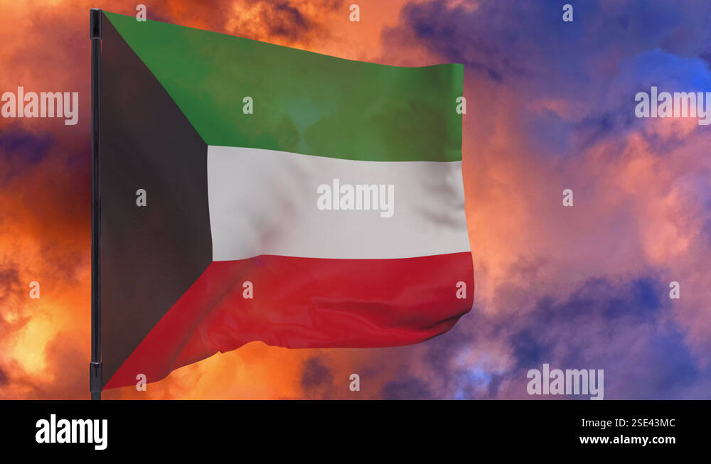 Kuwait flag on pole with sky background seamless loop 3d animation ...