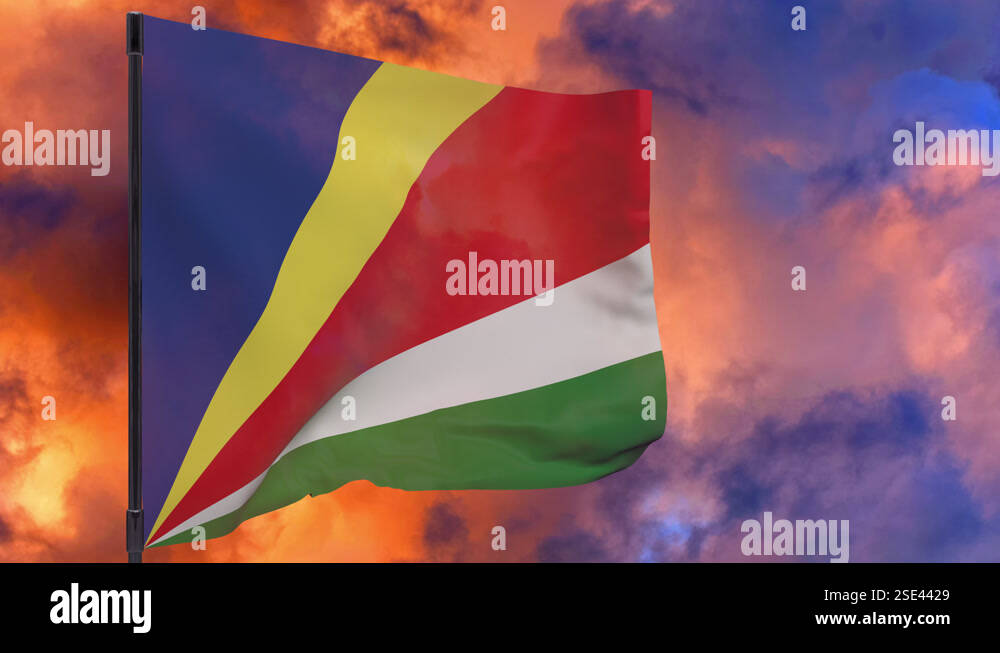 Seychelles flag on pole with sky background seamless loop 3d animation ...