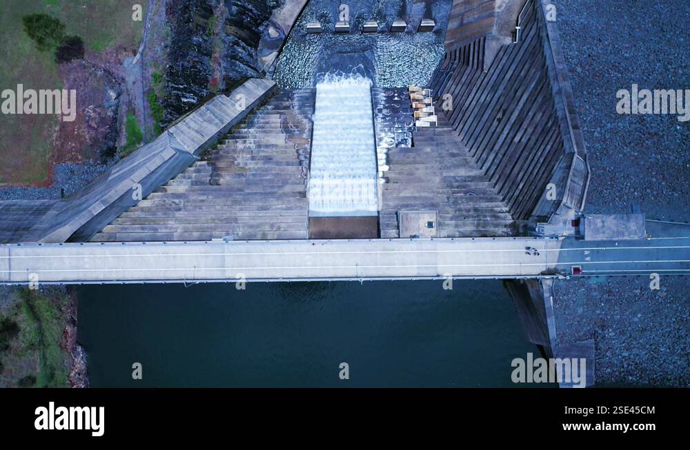 Top down fly over Hinze Dam during spectacular overflow, Gold Coast ...
