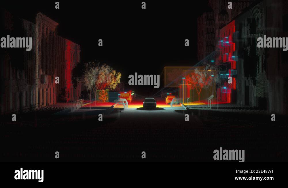 Concept of Self-driving car vision. Artificial intelligence detecting ...