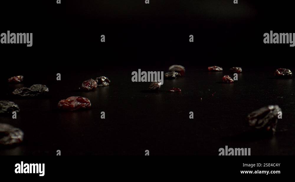 Raisin falling on black surface, close up. Darkly colored dried fruit ...