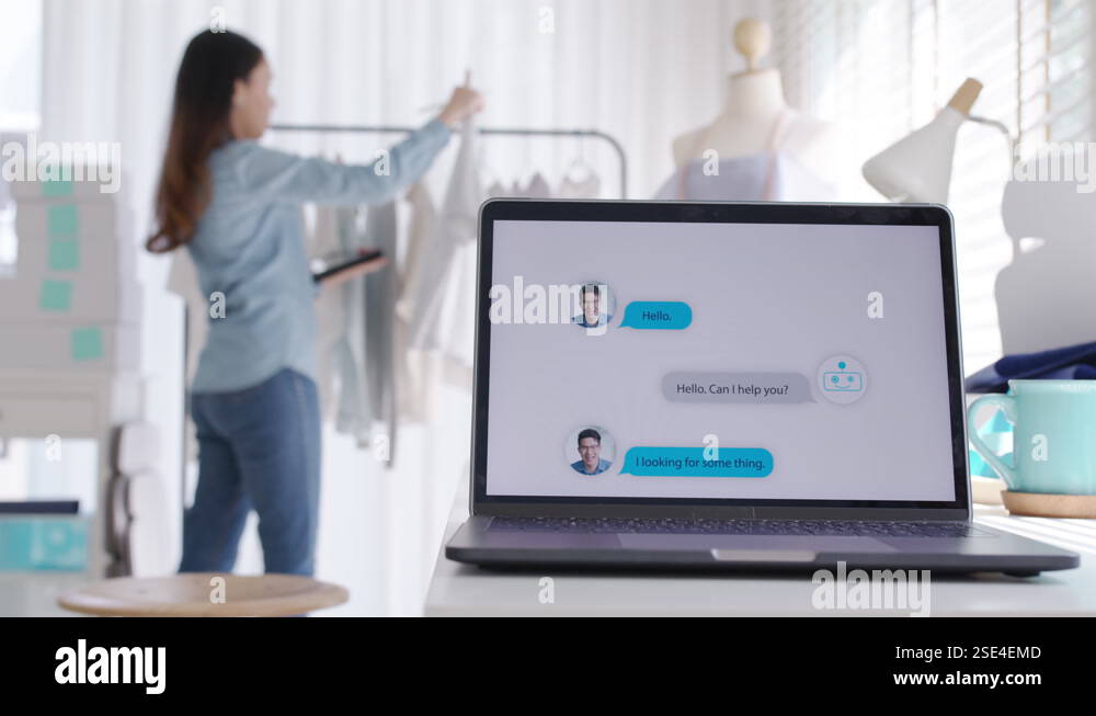 Chatbot conversation on laptop screen interface with artificial ...
