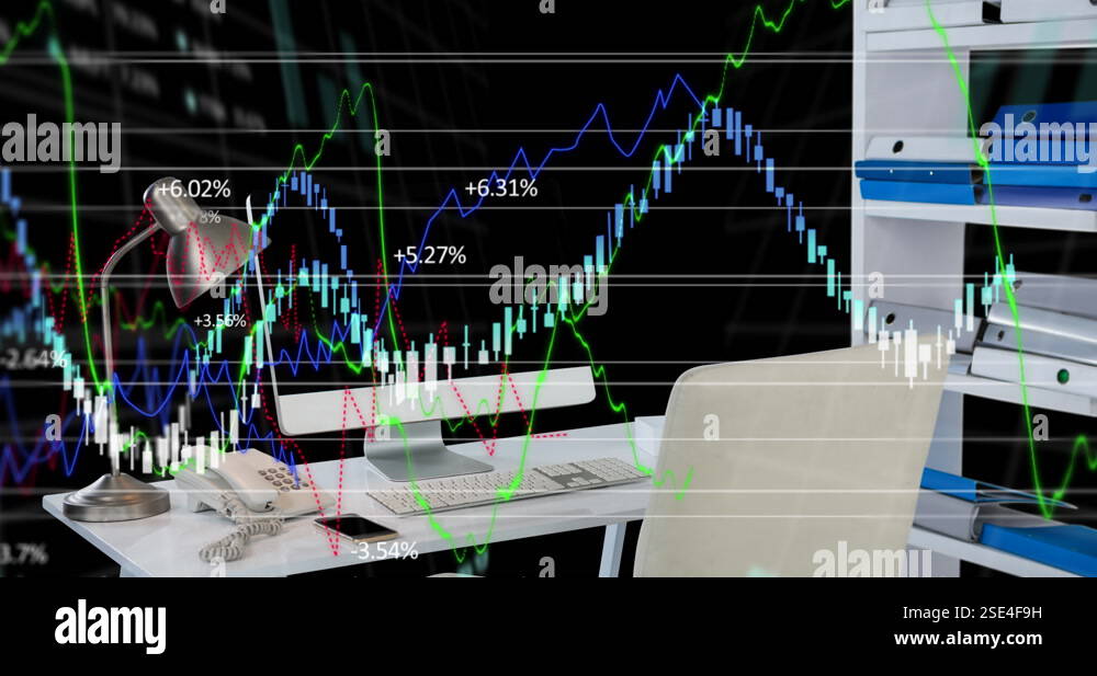 Animation of financial data processing with fluctuating lines over office desk Stock Video ...